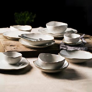 White Ceramic Dinnerware Set - Irregular Edge Plates, Bowls & Mug ...