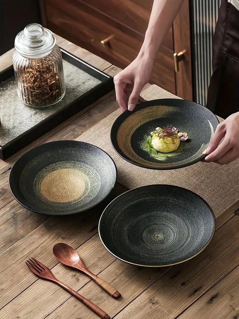 Luxury Retro Ceramic Plate - Dark Stoneware With Hand-painted Gold ...
