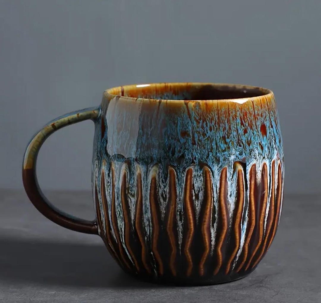 Handcrafted Ceramic Mug With Glazed Drip Pattern, 600ml Rustic Coffee ...