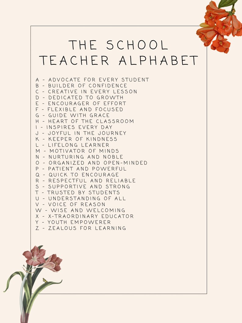 School Teacher Alphabet Poster Digital Download | A–Z Teacher Wall Art ...
