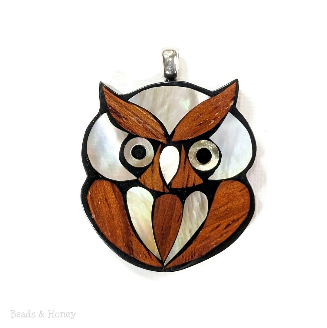 Mosaic Owl Pendant, Bayong Wood, Shell or Mother of Pearl, Nickel-free ...