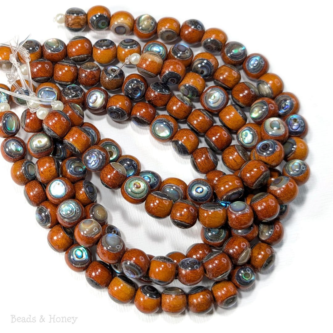 Sibucao Wood With Abalone Shell Inlay, 9mm, Round, Red/orange, Natural ...