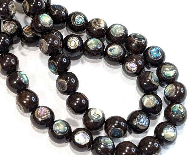 Ebony Wood With Abalone Shell Inlay, 9mm-10mm, Round, Natural Wood and ...