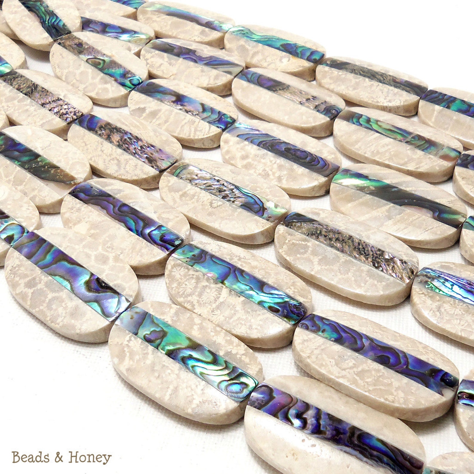 Mactan Stone With Abalone Shell Inlay, Oval, Flat, Smooth, Natural ...