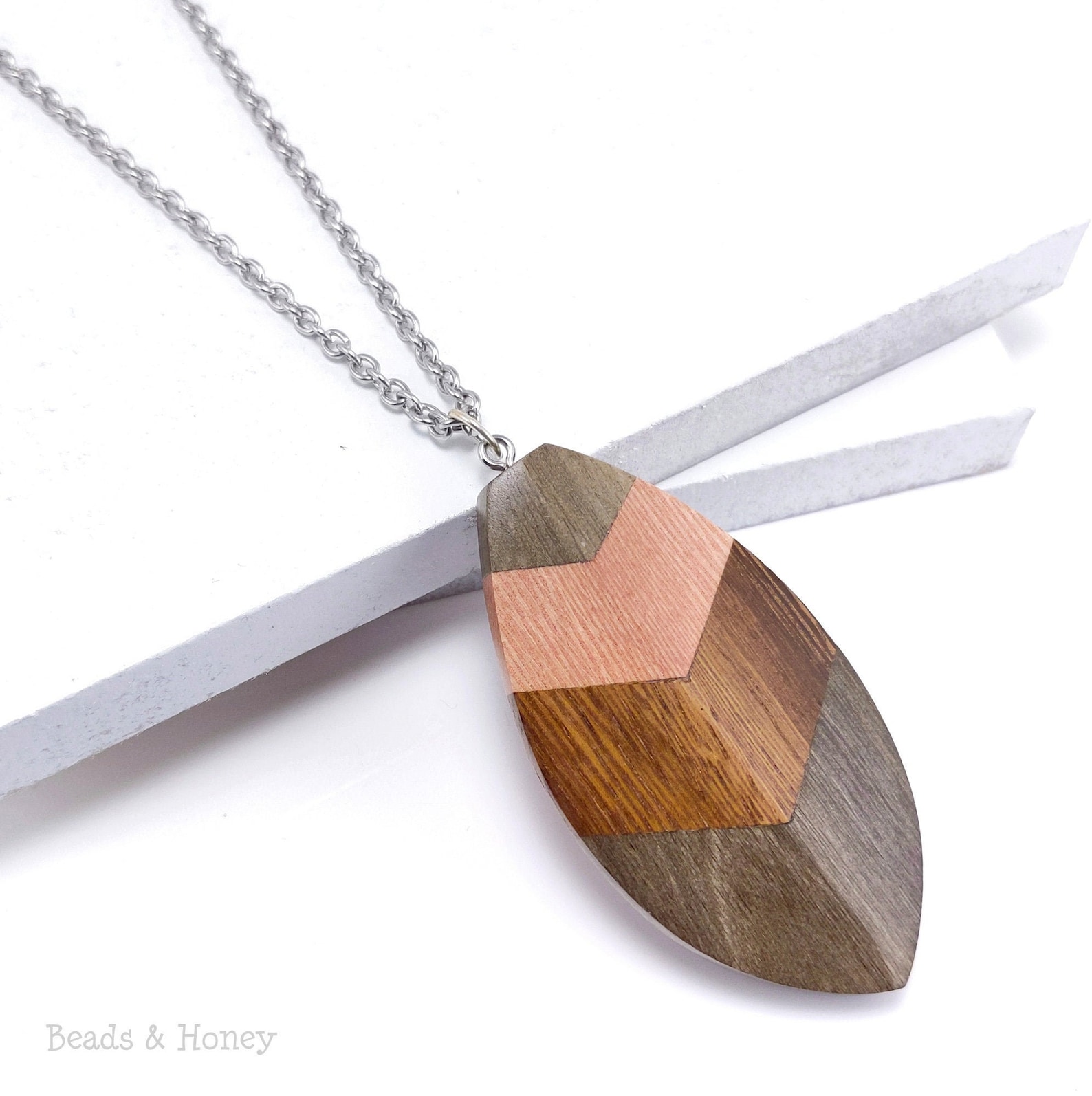 Mosaic Mixed Wood Leaf/feather Shield Pendant Stainless Steel | Etsy