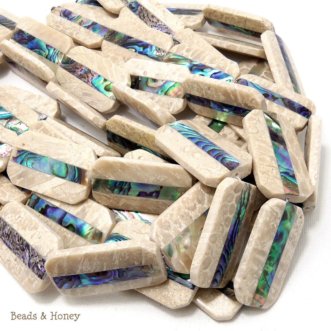 Mactan Stone, Abalone Shell Inlay, Rounded Rectangle, Flat, Natural ...