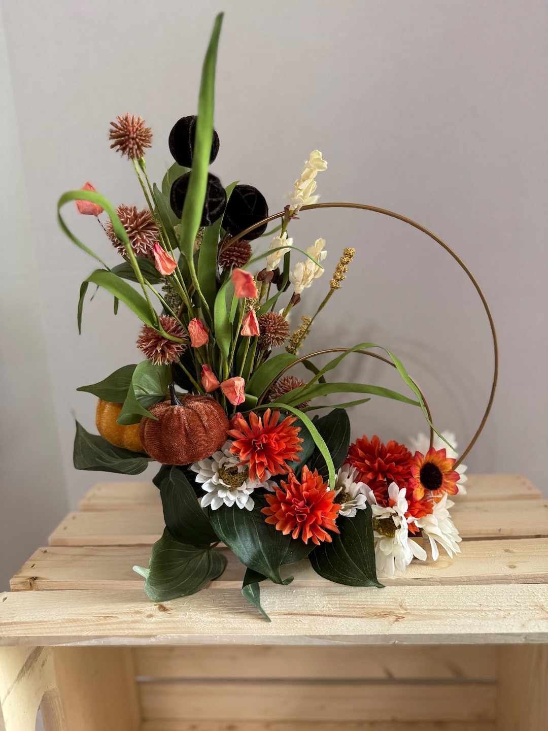 Modern Fall Floral Hoop Arrangement With Velvet Pumpkin Autumn ...