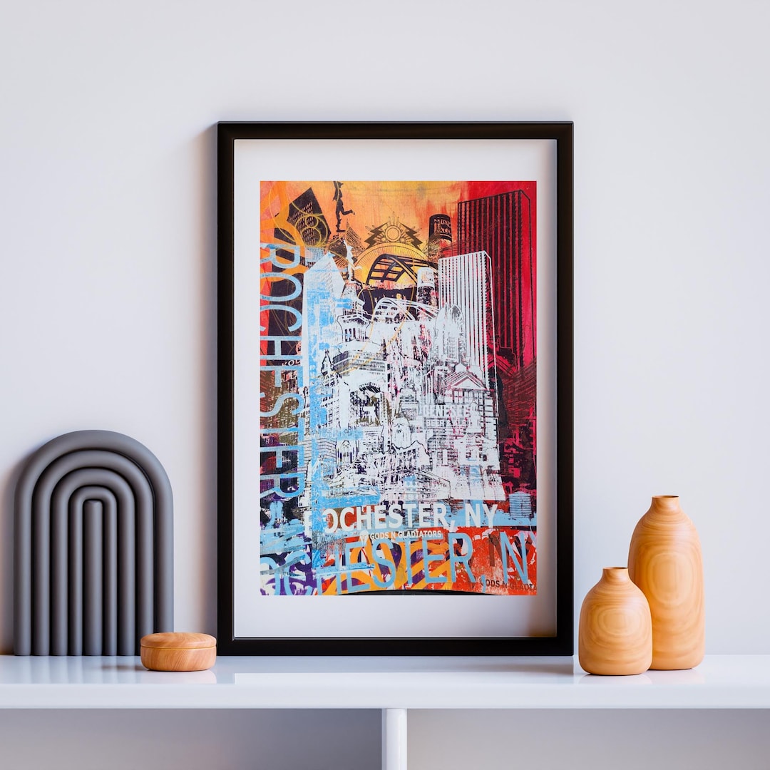Rochester NY Skyline Monoprint Poster: Colorful Cityscape Art (18x24 ...