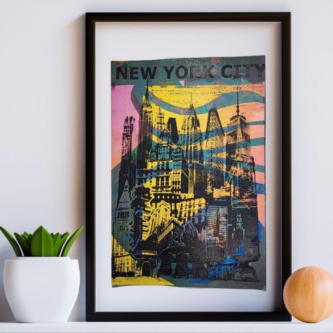 NYC Skyline Monoprint Poster: Colorful Cityscape Art (19x13") | One-of ...