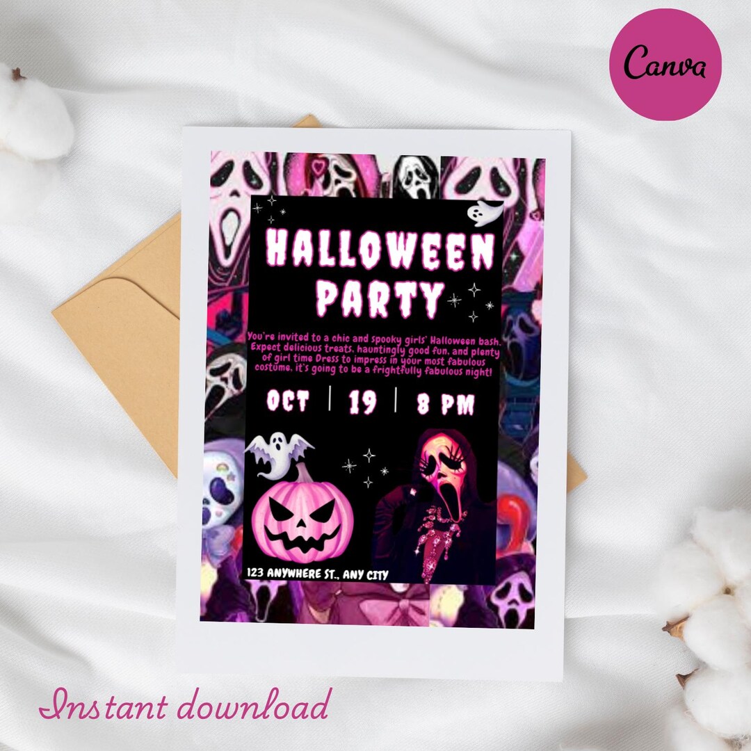 Pink Halloween Party Invitation | Scream Horror Editable Canva Template ...