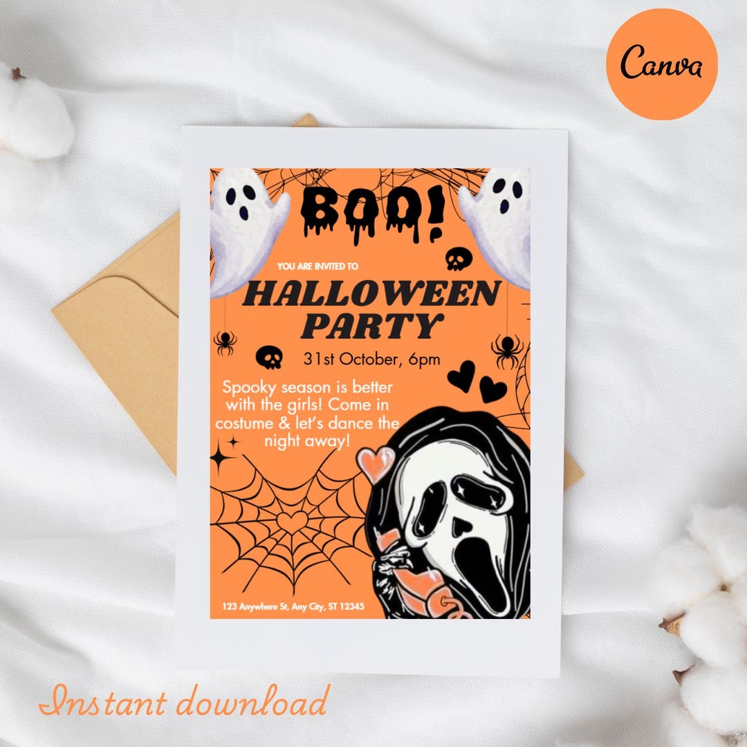 Orange Halloween Party Invitation | Scream Editable Canva Template ...