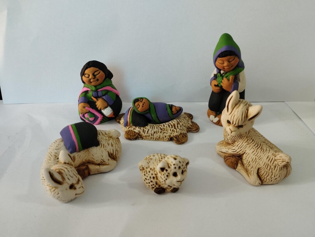 Small Peruvian Nativity Scene Christmas Clay Ornament 7 Pieces Ceramic ...