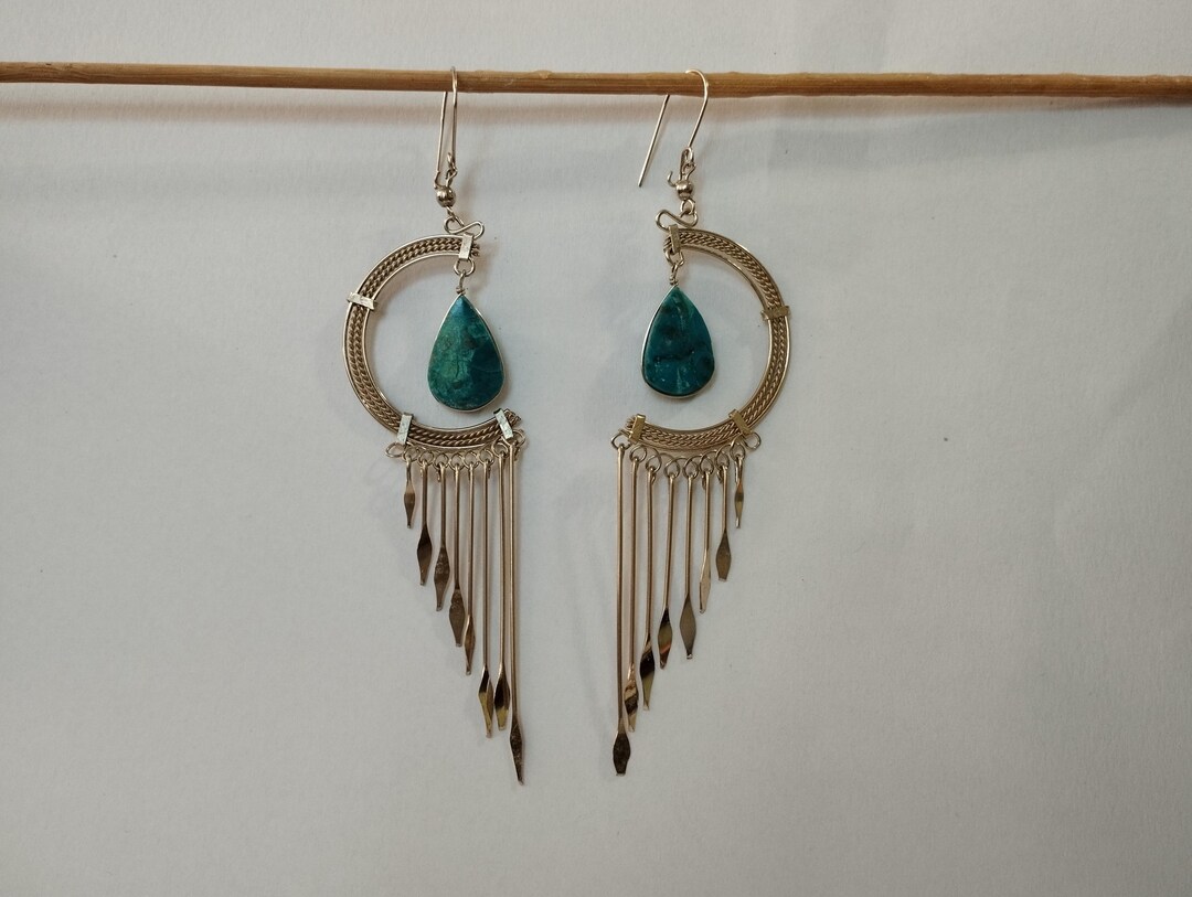 Peruvian Extra Large Earrings Chrysocolla Gemstone Dangle Drop Earrings ...