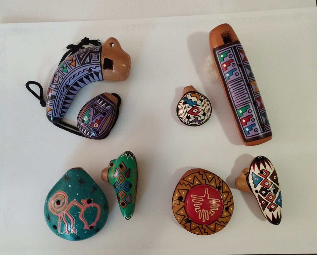 Set 2 Peruvian Ocarina Flute Ceramic Clay Whistle Handmade Handpainted ...