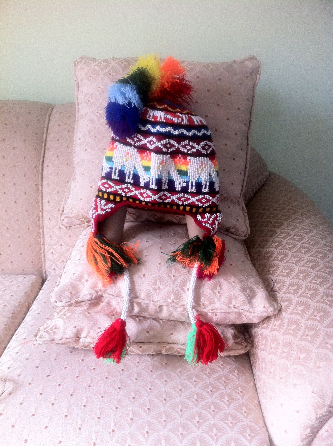 Peruvian Wool, Pom Pom & Mostacillas Beads Chullo Hat Unisex Fine ...