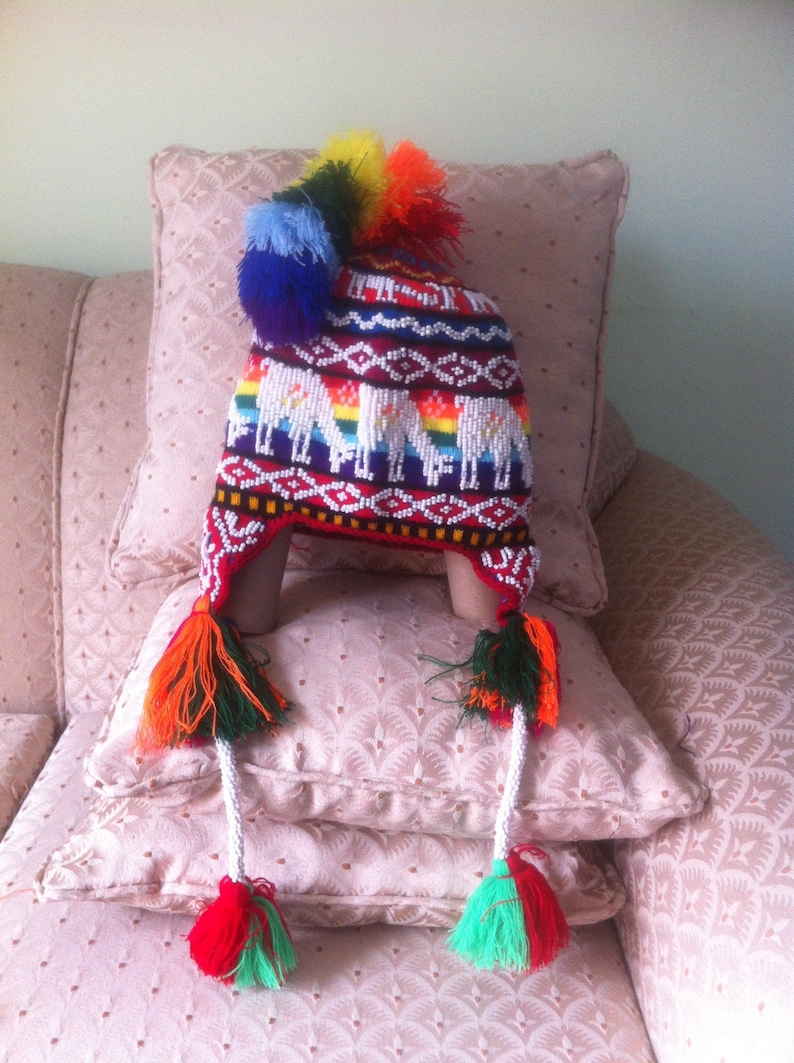 Peruvian Wool, Pom Pom & Mostacillas Beads Chullo Hat Unisex Fine ...