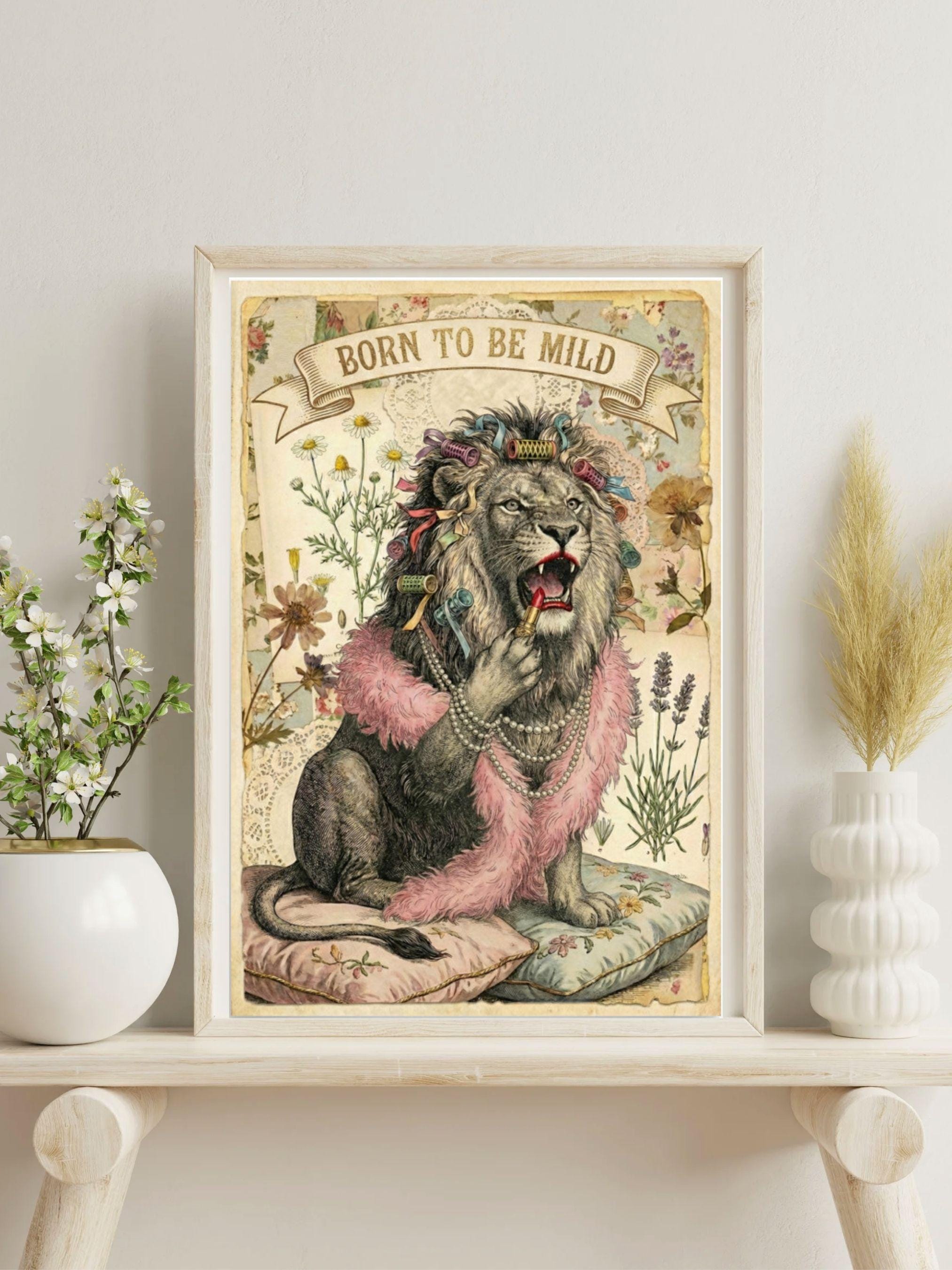 Born to Be Mild Poster, Funny Lion Art, Introvert Gift, Vintage Collage ...