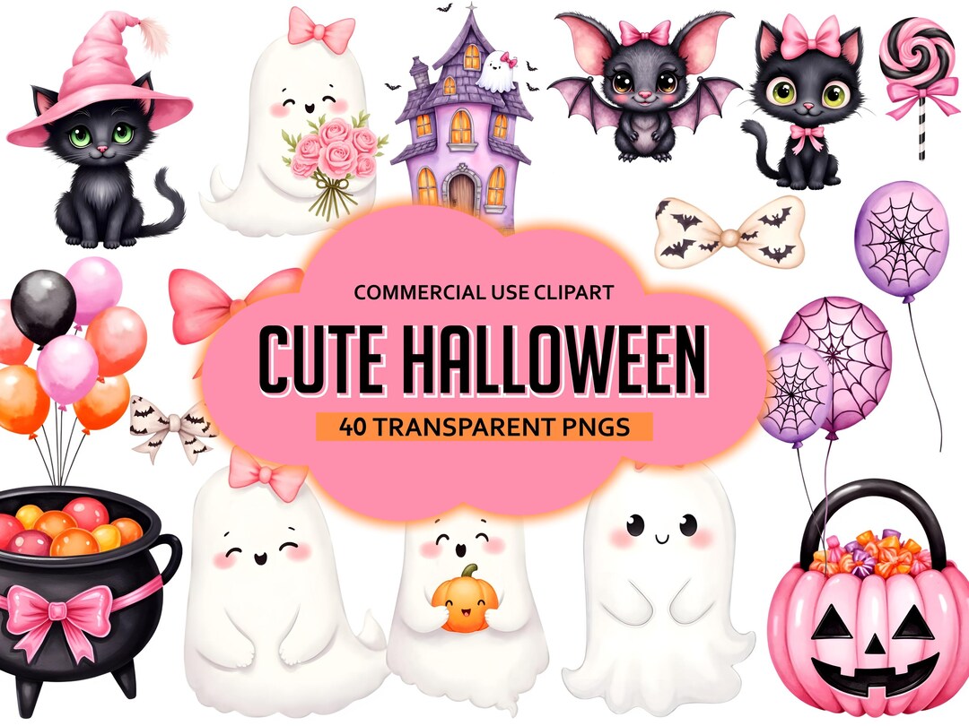 Cute Watercolor Halloween Clipart, Ghost, Pumpkin, Cat, Spider, Bat ...