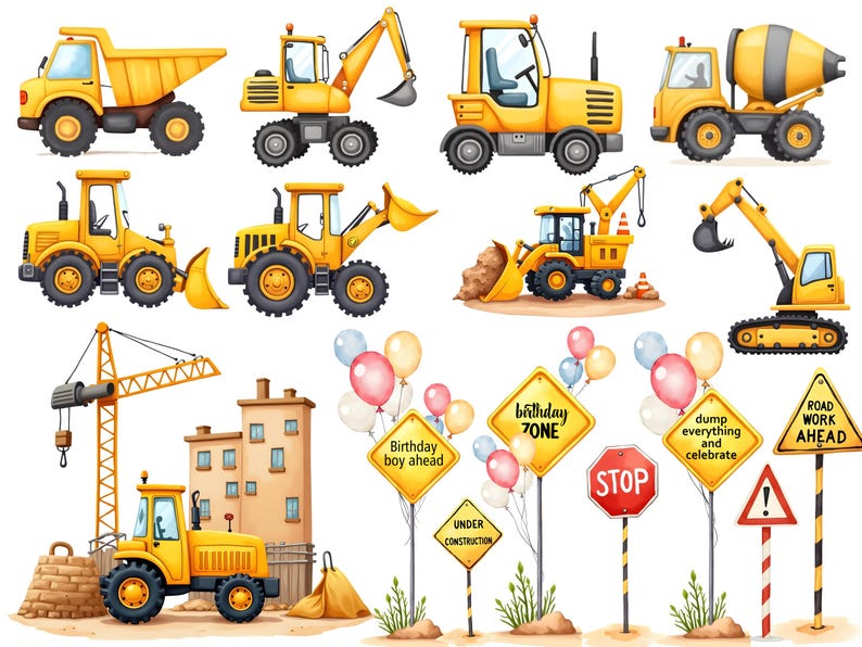 Watercolor Construction Clipart Set, Construction Birthday Png ...