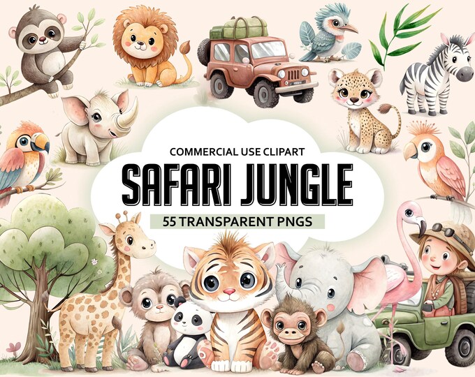 Safari Animals Clipart Watercolor Baby Safari Animal PNG Baby Lion ...
