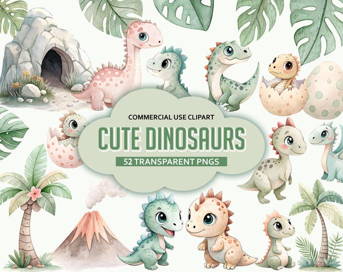 Watercolor Dinosaurs Clipart, Dino PNG, Baby Dinosaur Birthday Party ...