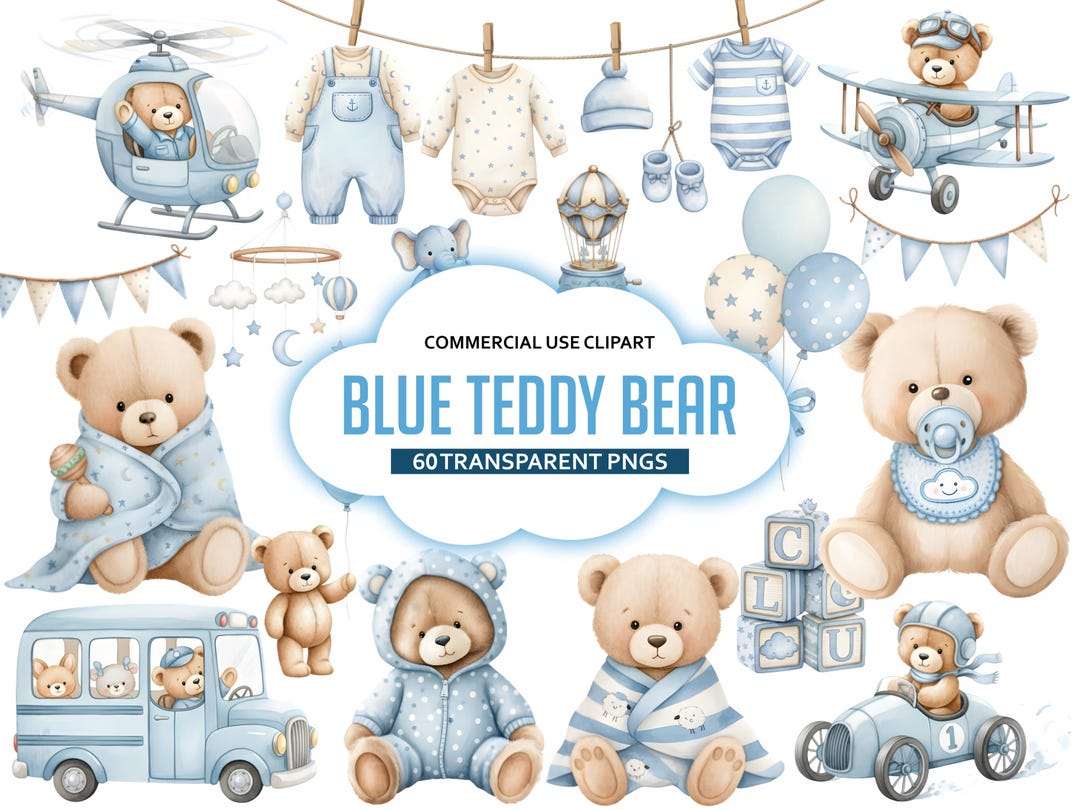 Clipart de oso de peluche de acuarela, ositos de peluche azules PNG ...