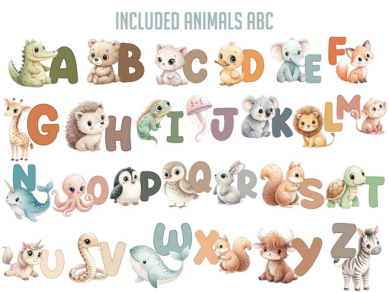 Animal Alphabet Clipart, Watercolor Numbers and Letters, Nursery Decor ...