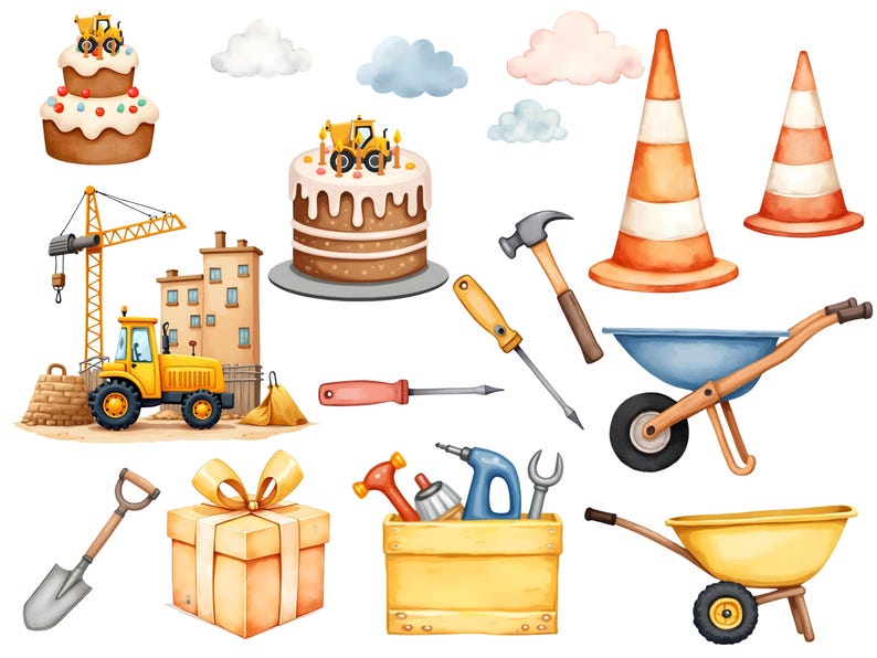 Watercolor Construction Clipart Set, Construction Birthday Png ...