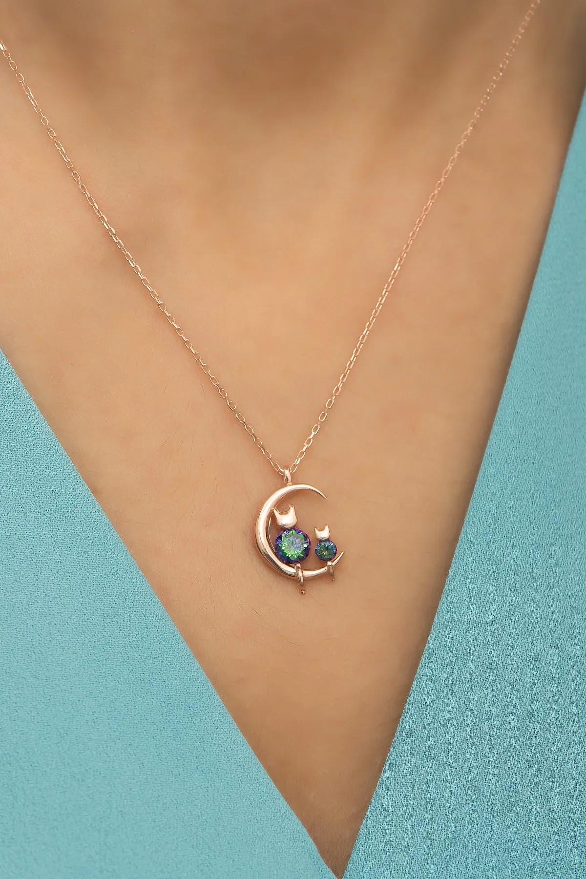 Rose Gold Cat Moon Necklace: Iridescent CZ Sterling Silver - Etsy
