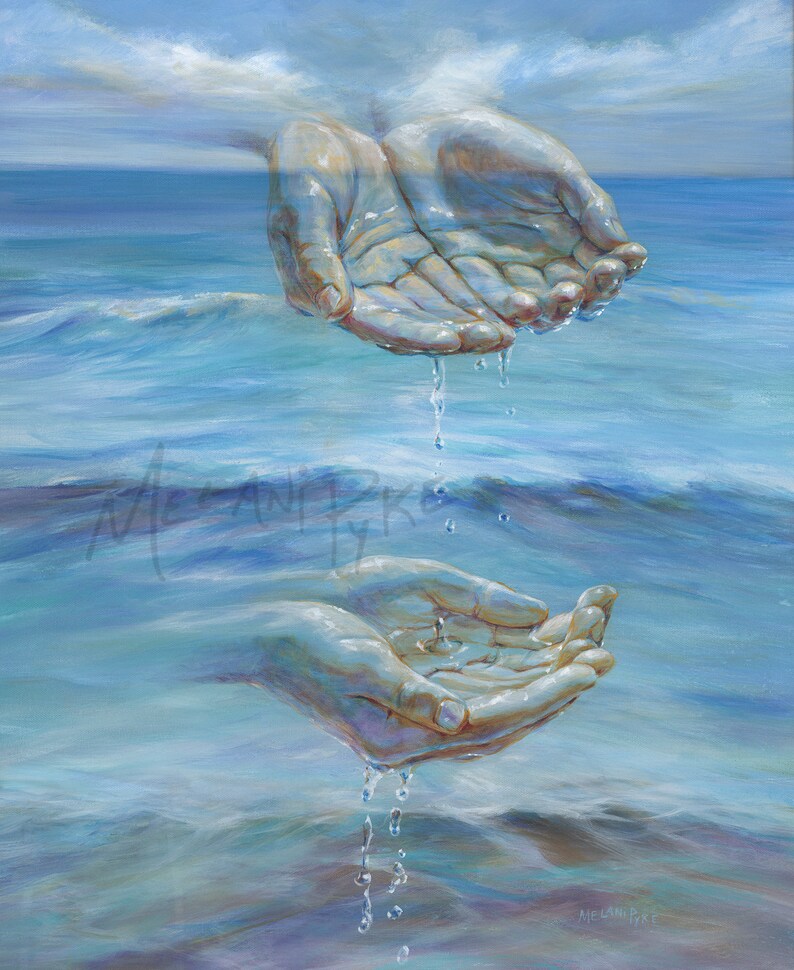 Open Water Hands Ocean Art Print of Blue Waves and Sharing Water ...