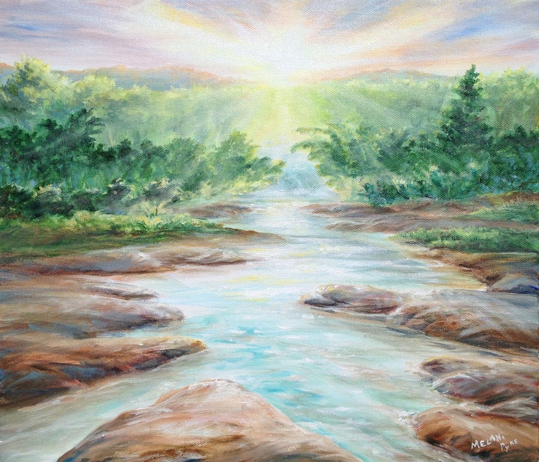 The Stream Original Oil Painting of Sunset Through Mountains and Trees ...
