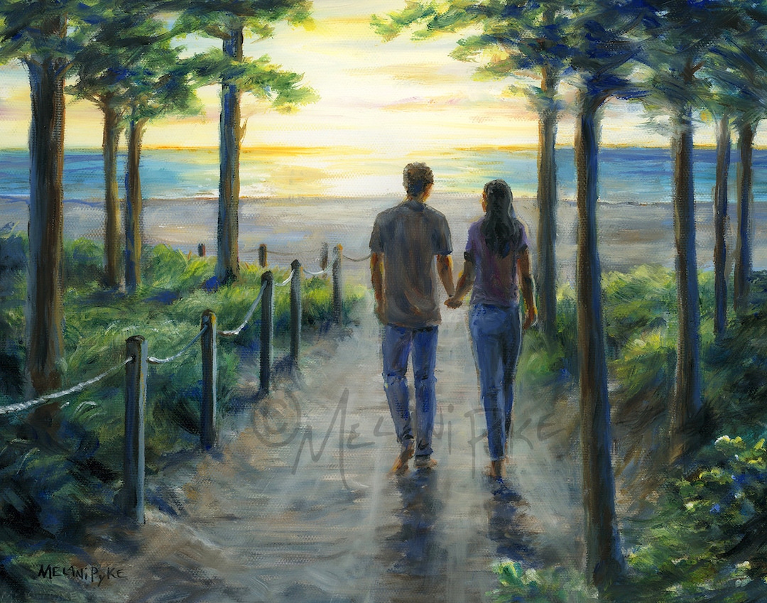 Couple Walking on Beach Path Oil Painting or Print, Sunset Over Ocean ...