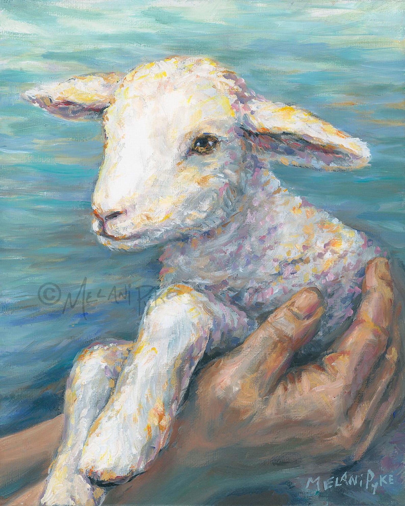 Lamb in Hands and Water, Original Oil Painting or Print on Canvas or ...