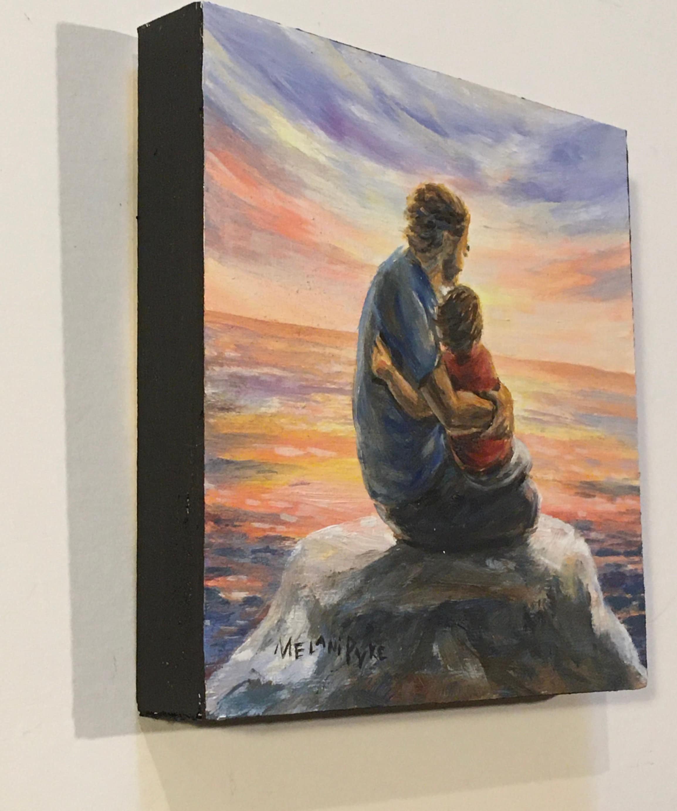 Oil Painting Father Embracing Child on Rock Overlooking Sunset | Etsy