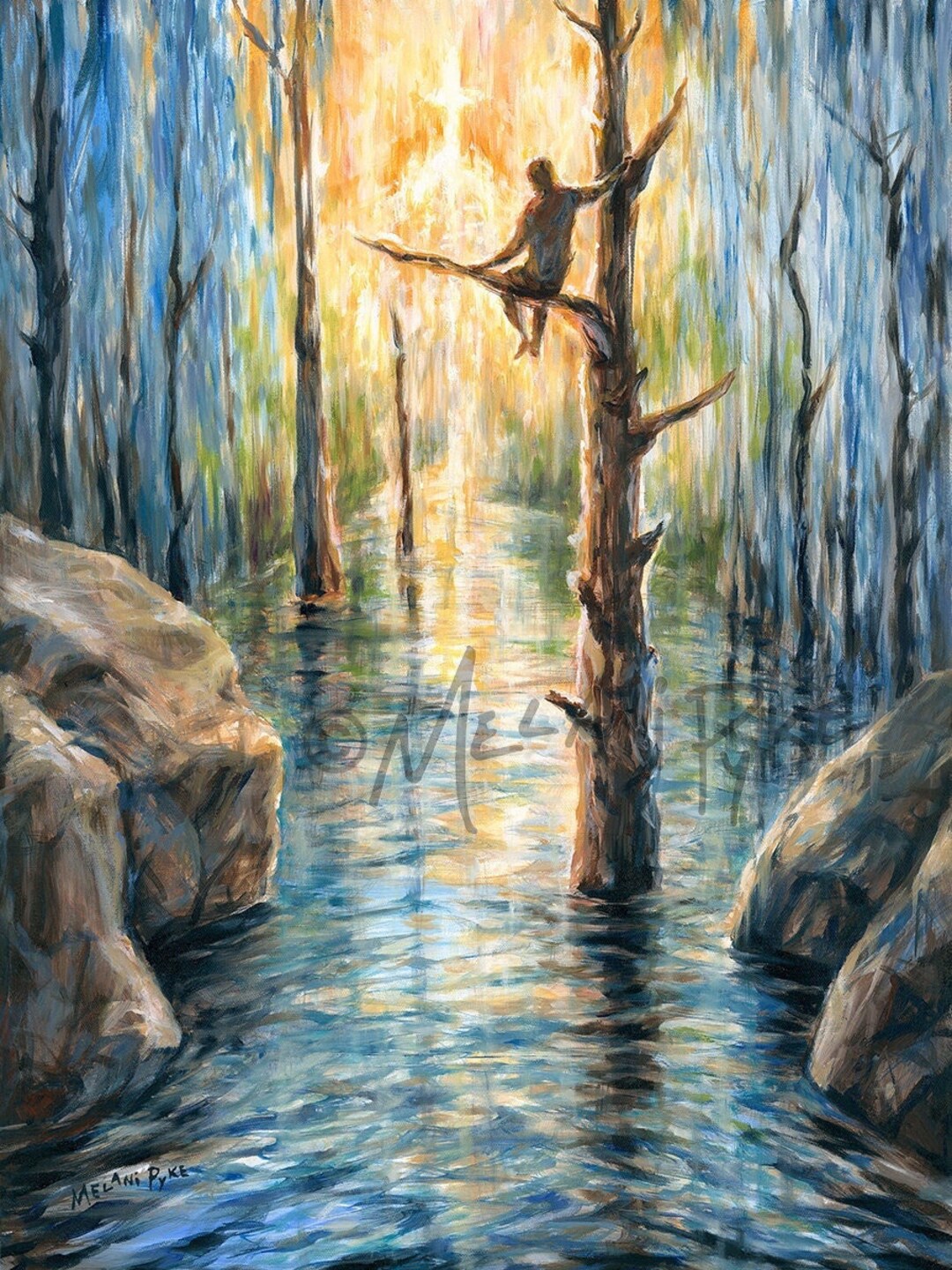 Finding Salvation Painting or Print of Figure in Tree Overlooking ...