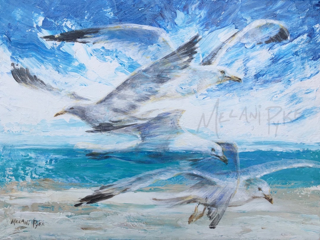 Sea Gulls in Flight Original Painting on Canvas Modern Blue Green Beach ...
