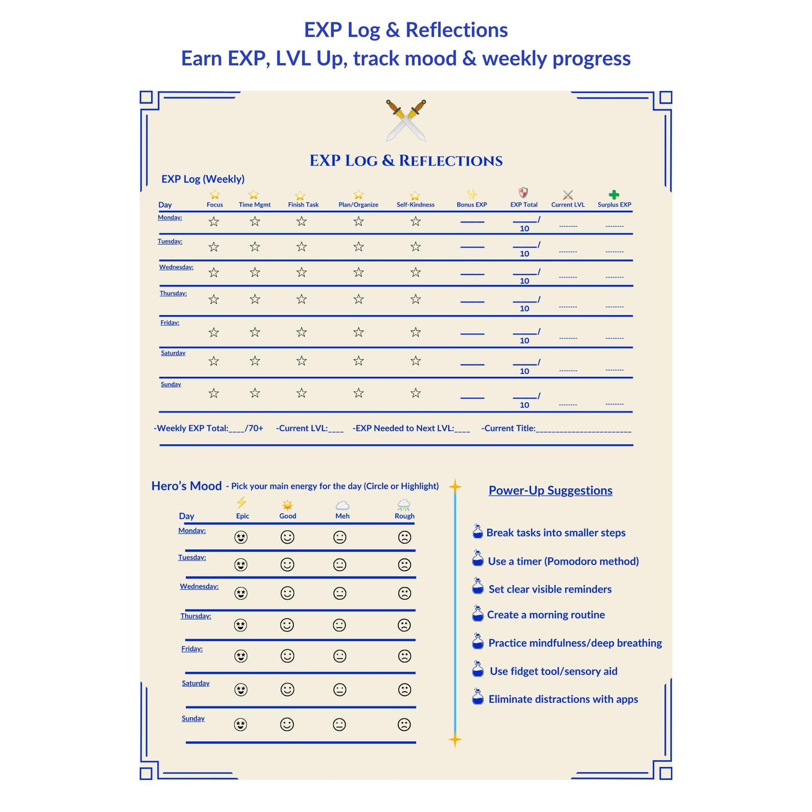 ADHD Daily & Weekly Printable Planner - Gamified Dopamine Quest PDF ...