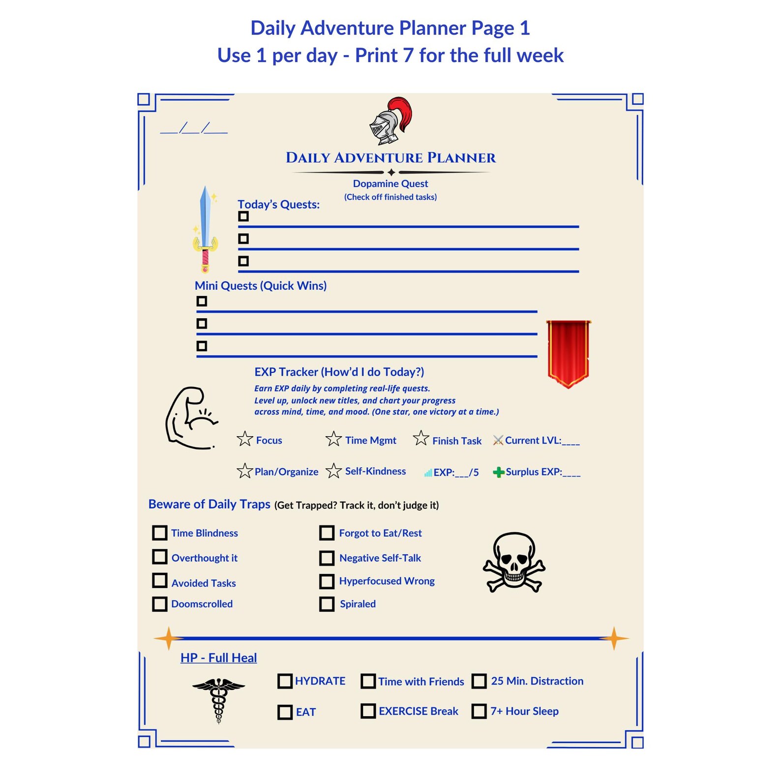 ADHD Daily & Weekly Printable Planner - Gamified Dopamine Quest PDF ...