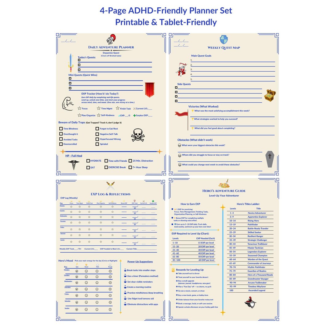 ADHD Daily & Weekly Printable Planner - Gamified Dopamine Quest PDF ...