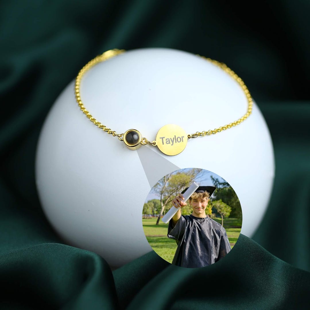 Personalised Gold Photo Projection Bracelet With Name Plate • Custom ...