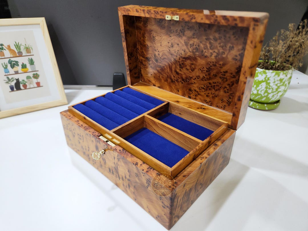 Handcrafted Burl Wood Jewelry Box With Key, Large Wooden Keepsake ...
