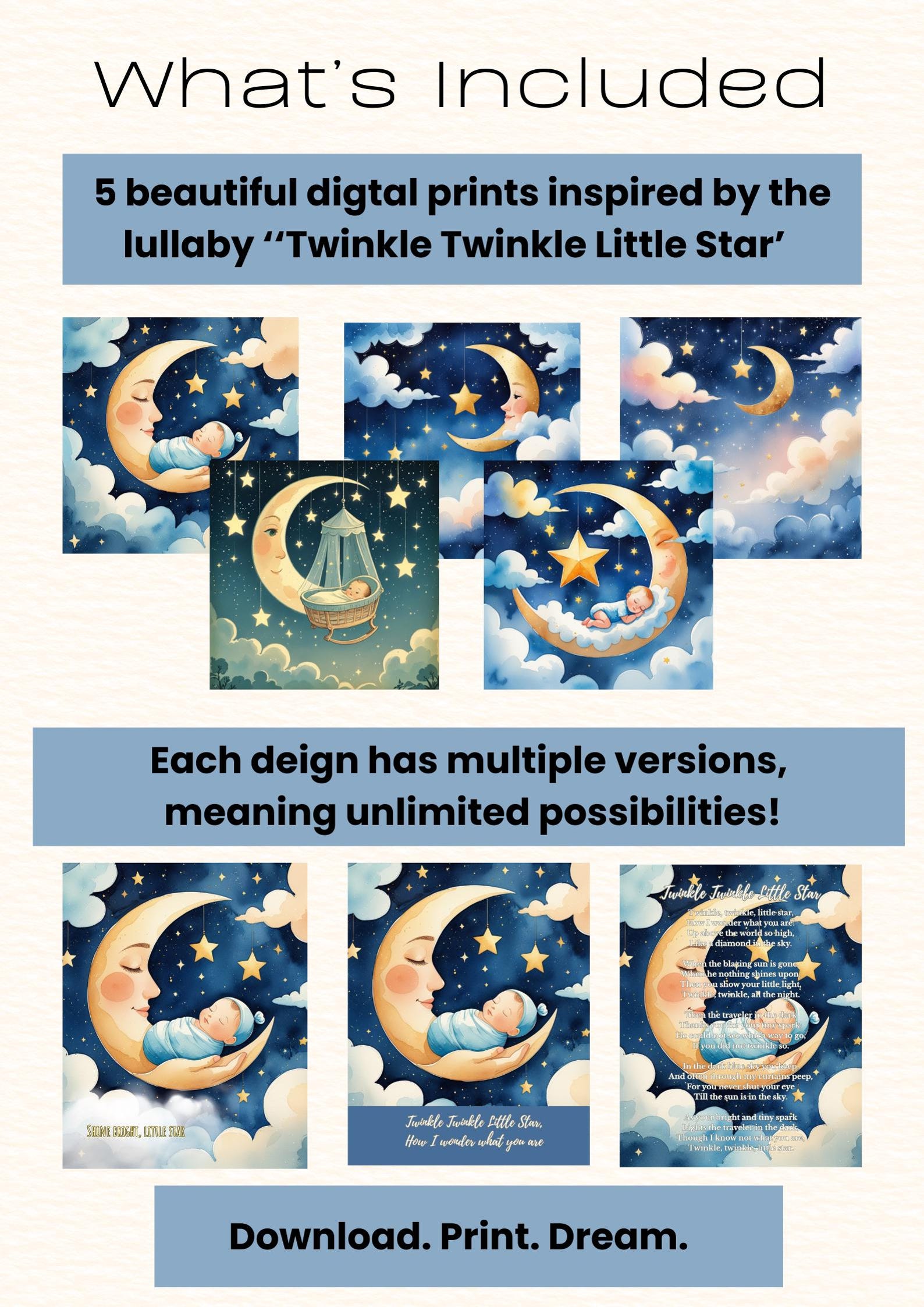 Twinkle Star Nursery Art: Moon & Stars Decor, 5-piece PDF Bundle (8x10 ...