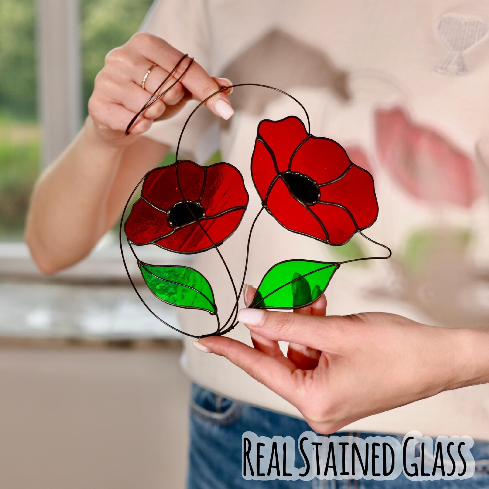 Stained Glass Poppy Sun Catcher, Suncatcher Flower, Stained Glass Poppy ...