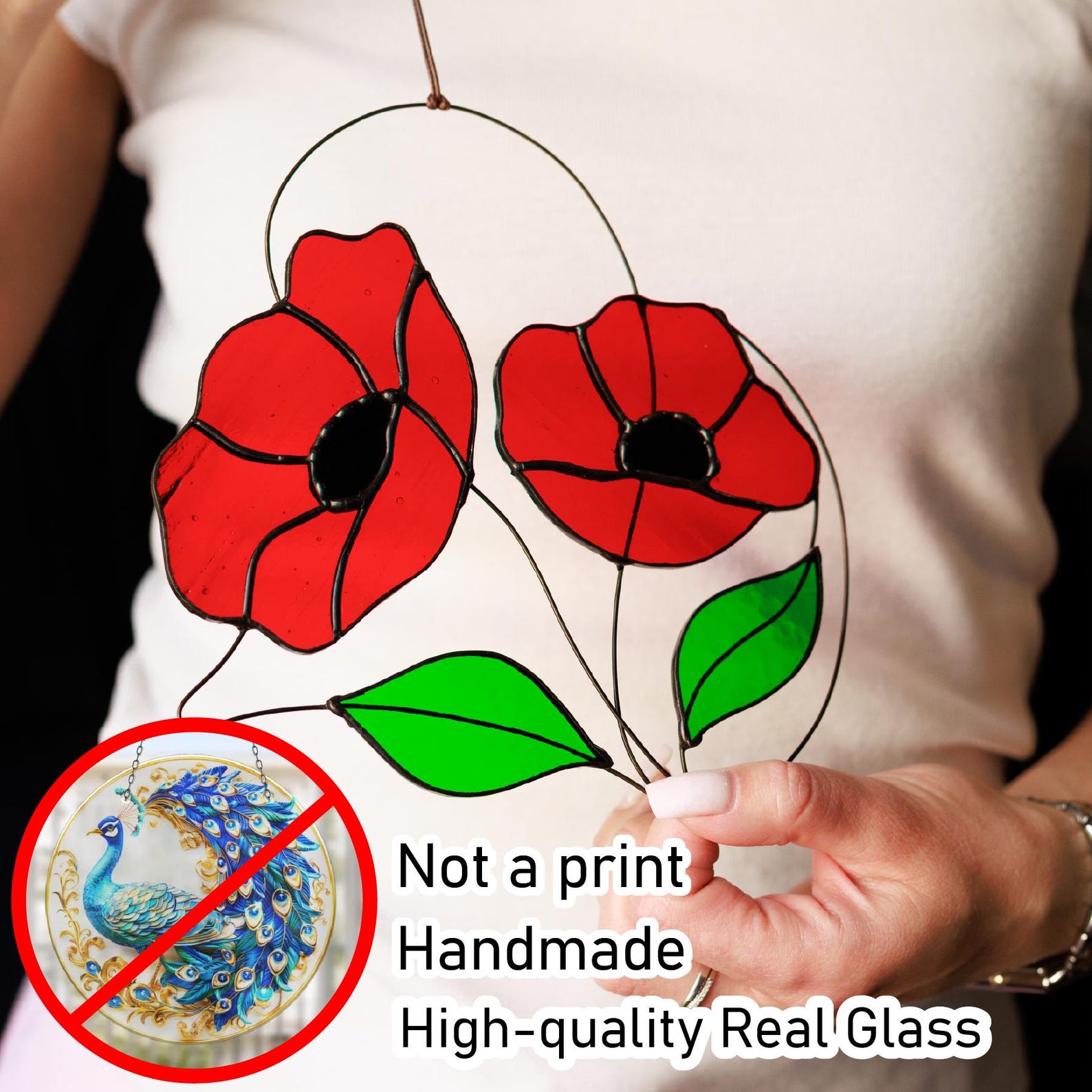 Stained Glass Poppy Sun Catcher, Suncatcher Flower, Stained Glass Poppy ...