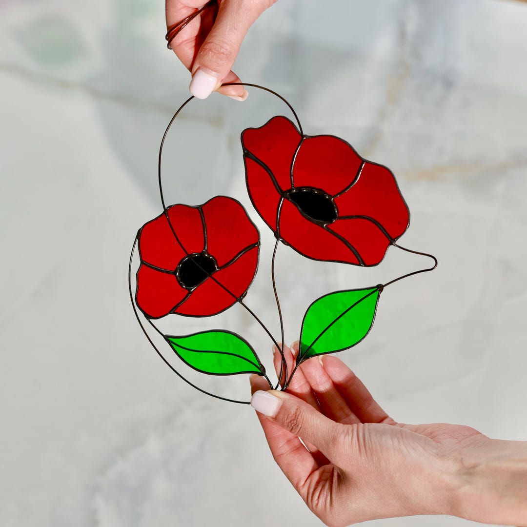 Flower Suncatcher, Poppies Light Catcher, Flower Stained Glass Hanging ...