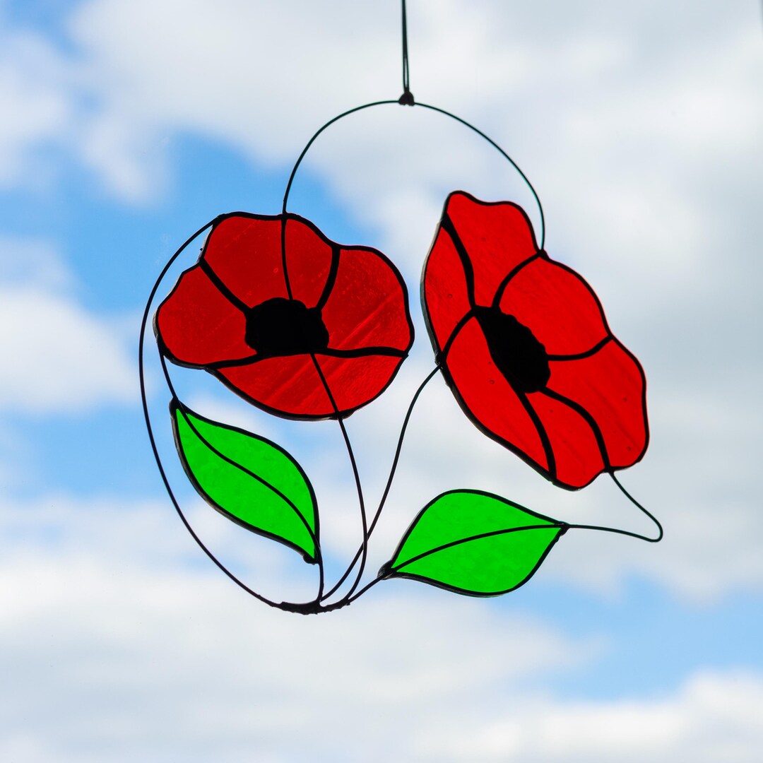 Poppy Suncatcher Stained Glass, Poppy Stained Glass Window Sun, Poppy ...