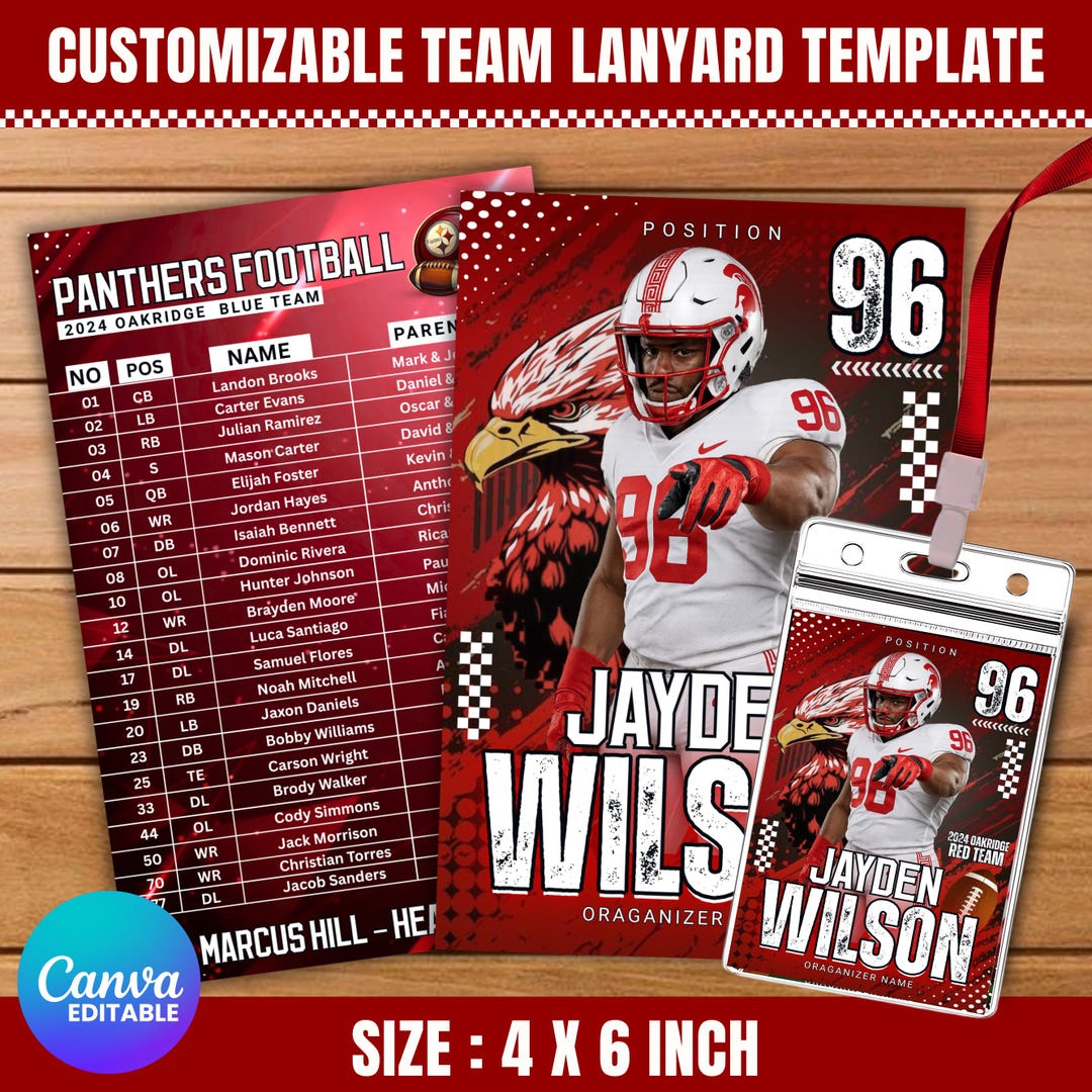 Editable Team Lanyard Canva Template, Football Team Roster Template ...