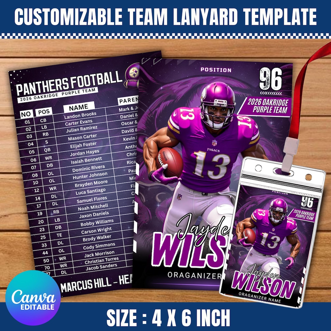 Editable Team Lanyard Canva Template, Football Team Roster Template ...