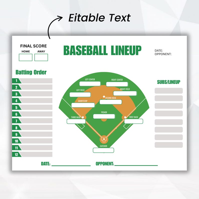 Editable Baseball Lineup,softball Lineup,baseball Chart Cards,baseball ...