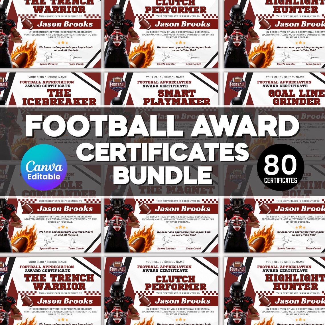 Editable Football Award Certificate Templates Bundle, Printable ...